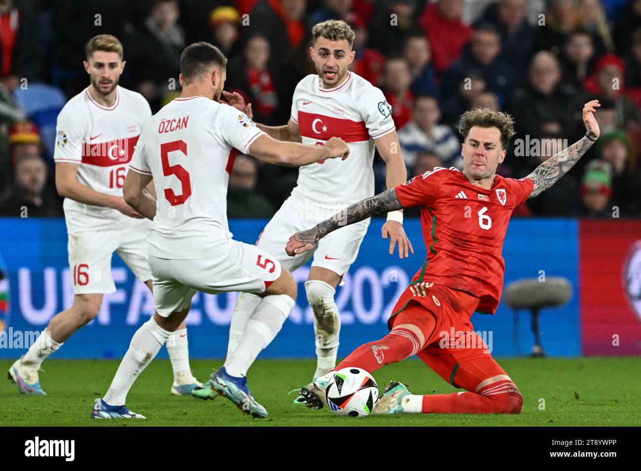 Cardiff, UK. 21st Nov, 2023. Joe Rodon of Wales tackles Salih Özcan of ...
