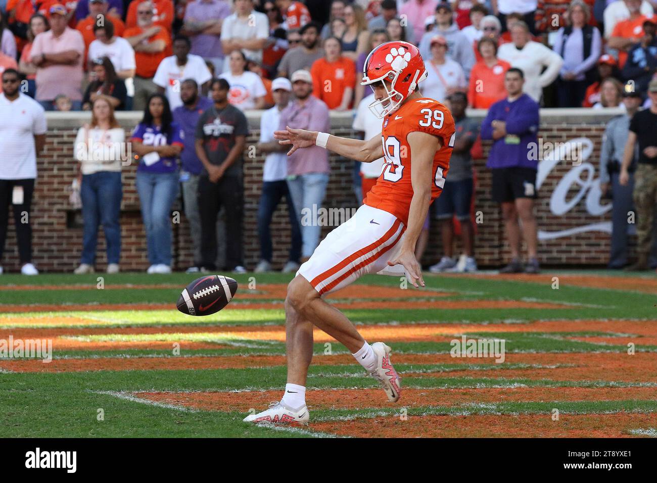 CLEMSON, SC - NOVEMBER 18: Clemson Tigers punter Aidan Swanson (39) during a college football ...