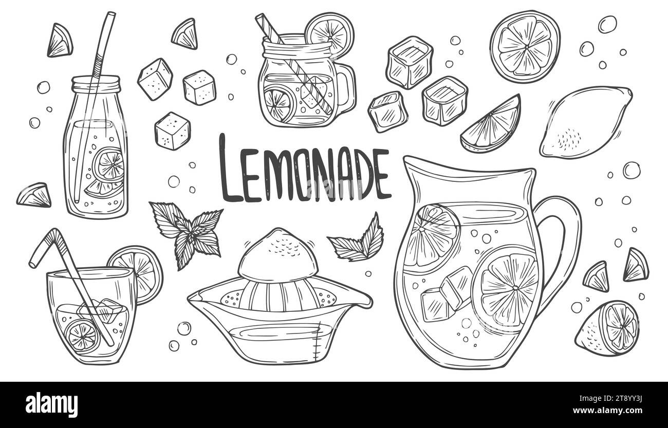 Set of lemon fresh juice mint summer hand drawn scribble doodle line ...
