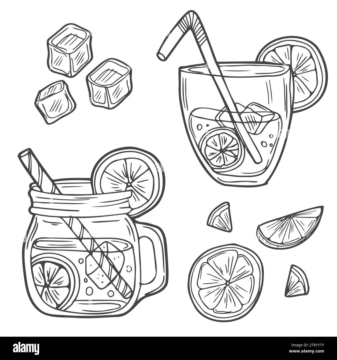 Set of lemon fresh juice mint summer hand drawn scribble doodle line ...