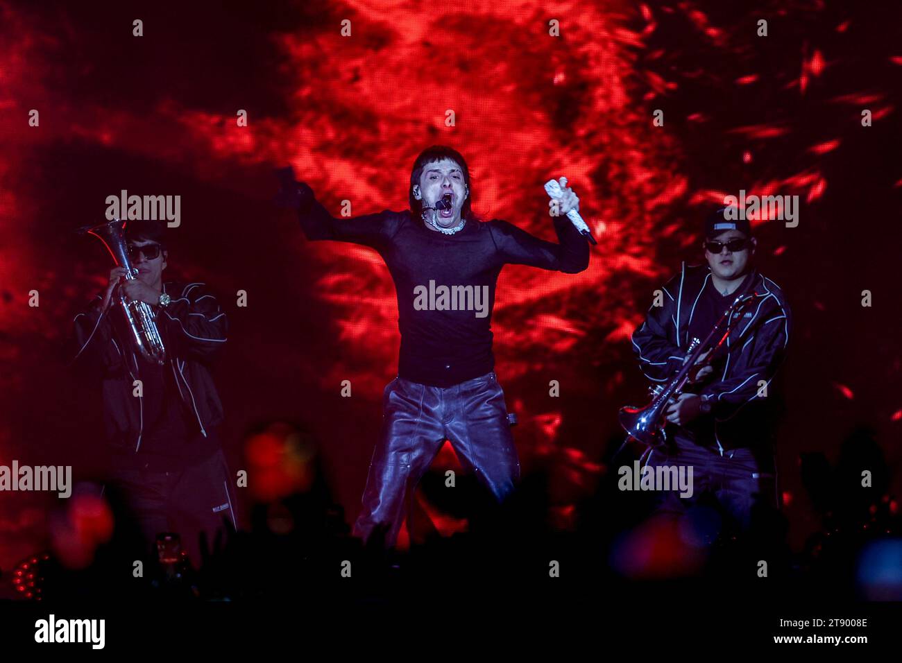 The singer Peso Pluma during a performance at the Wizink Center, on ...