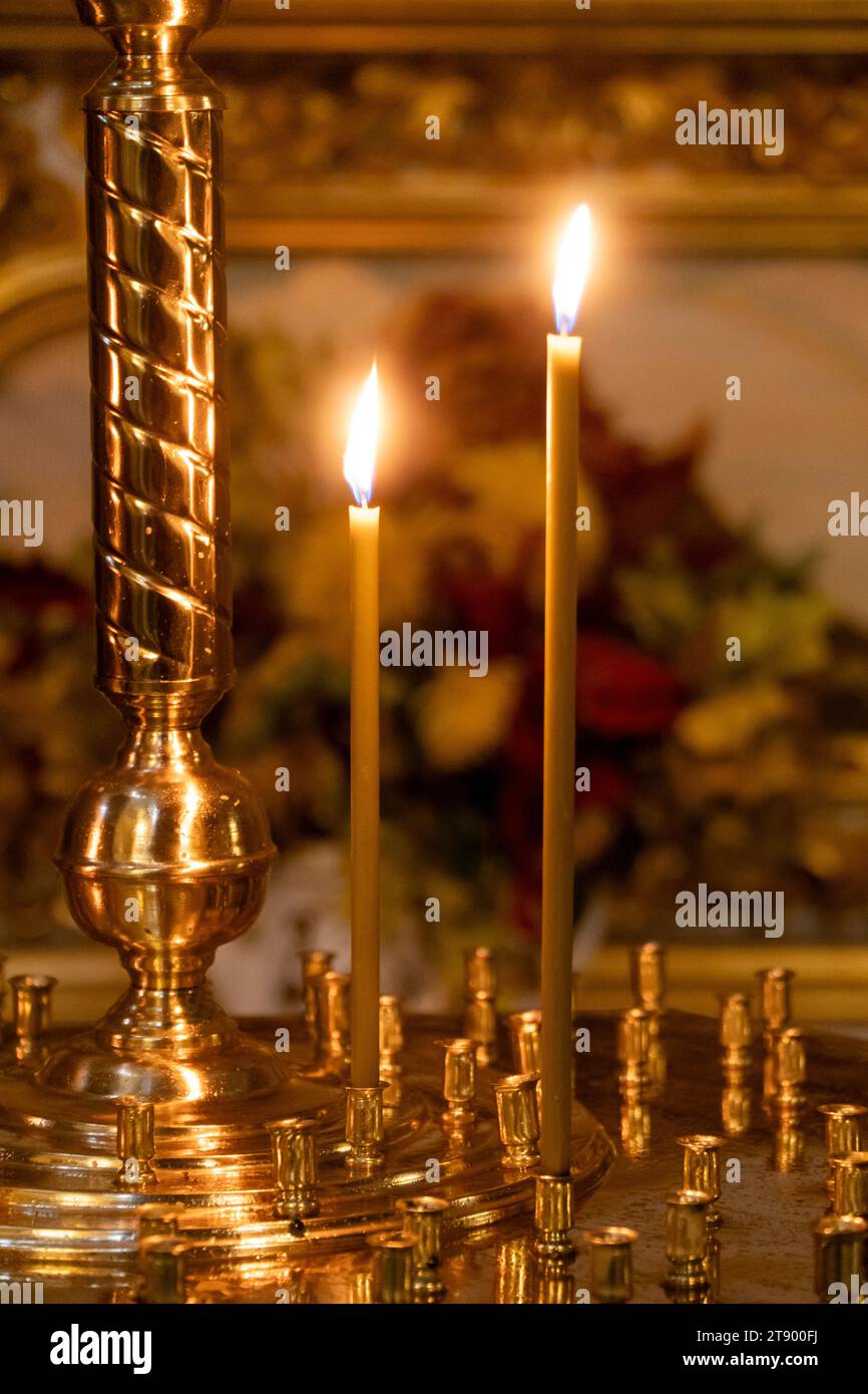 Candles in a Christian Orthodox church background. Flame of candles in ...