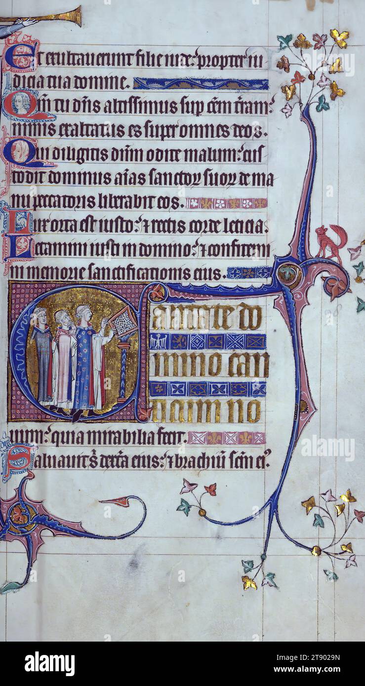 Psalter, Three clerics chanting; shepherd trumpeting and fox marginal ...