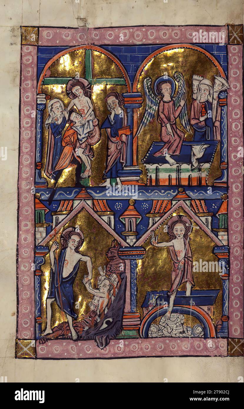 Carrow Psalter, Above: Deposition/Three Maries at the tomb; Below ...