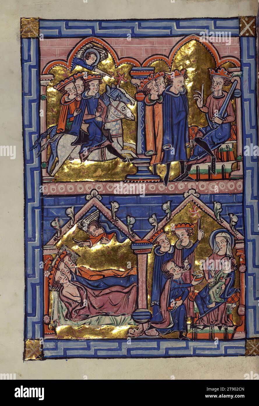 Carrow Psalter, Above: Magi guided by star/Magi before Herod; Below ...
