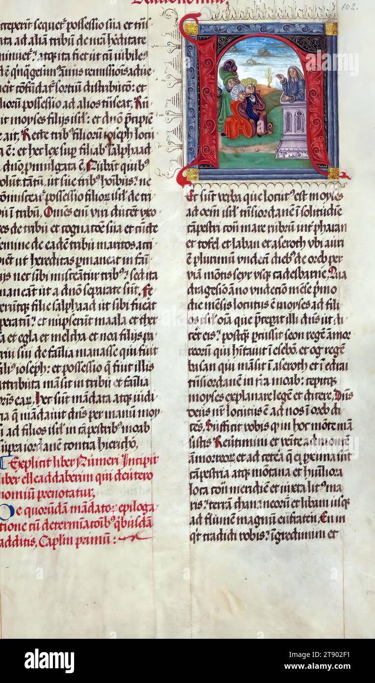 Illuminated Manuscript, Bible (part), Moses in a pulpit preaching to ...