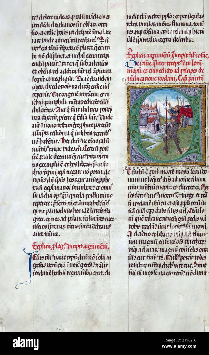 Illuminated Manuscript, Bible (part), Joshua in silver armor leads the ...