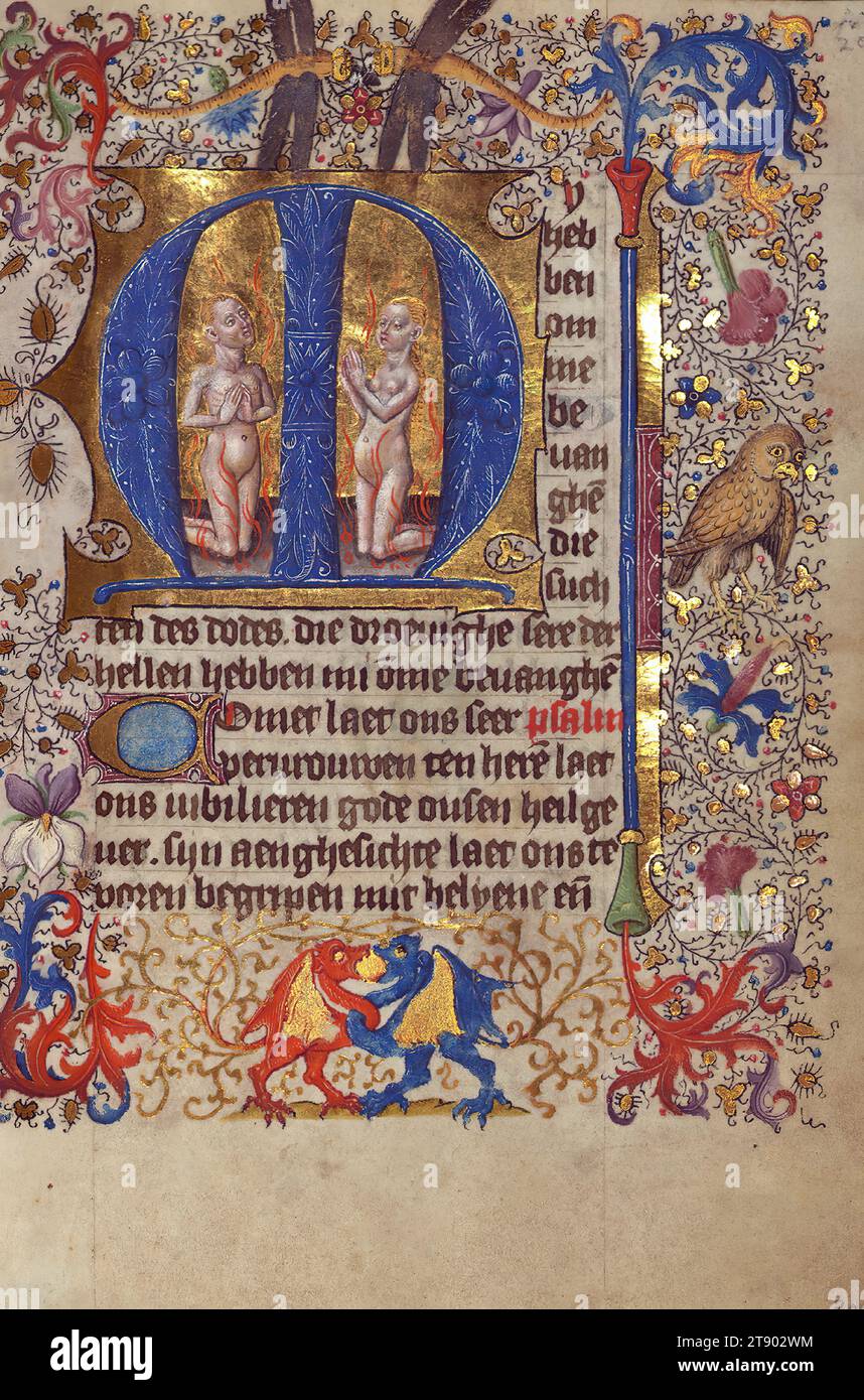 Illuminated Manuscript, Van Alphen Hours, Initial M with two souls ...