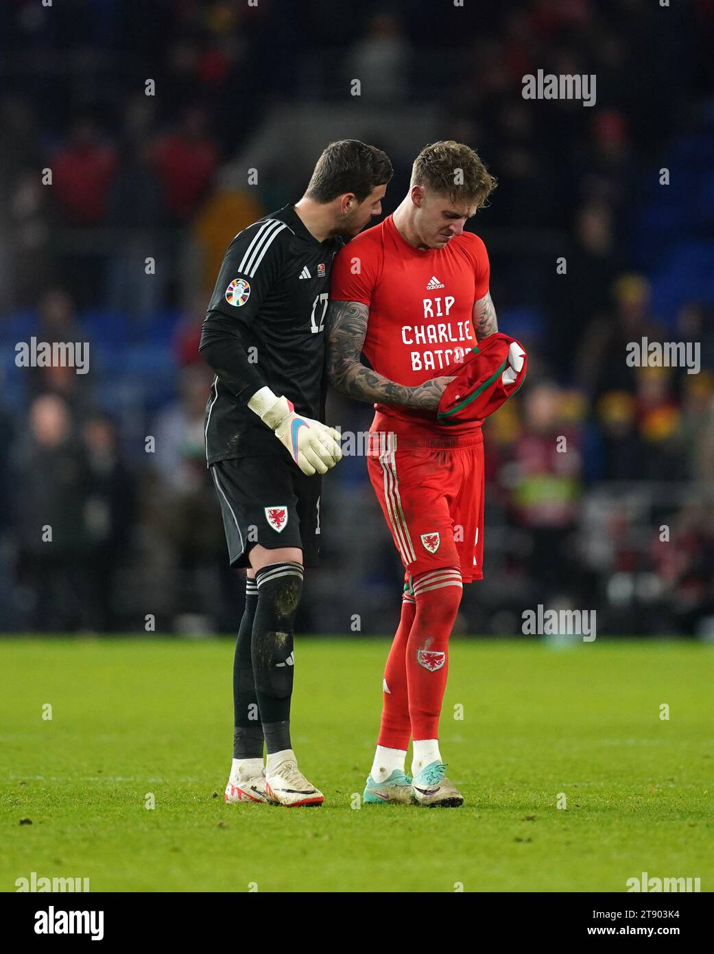 Wales goalkeeper Danny Ward consoles Joe Rodon following the UEFA Euro ...