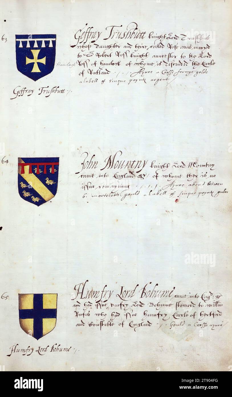 Book of English heraldry, Arms of Geffray Trushbutt, John Mountny, and ...