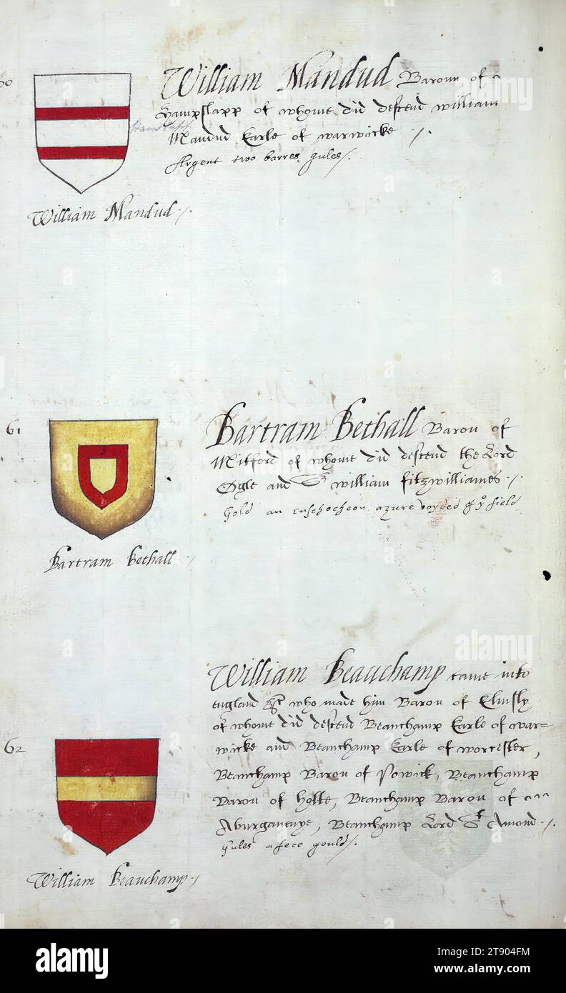 Book of English heraldry, Arms of William Mandud, Bartram Bethall, and ...