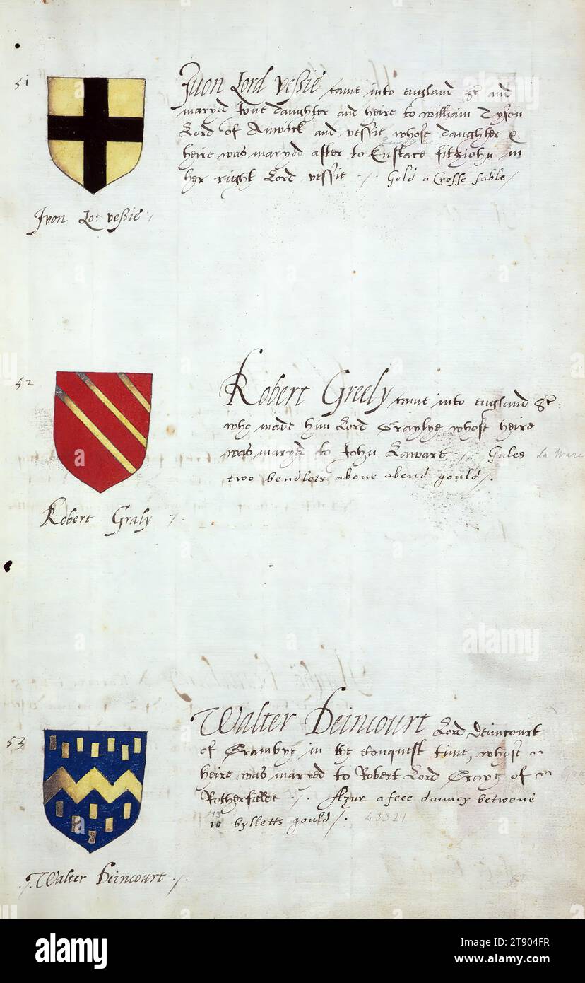 Book of English heraldry, Arms of Ivon Lord Vessie, Robert Graly, and ...