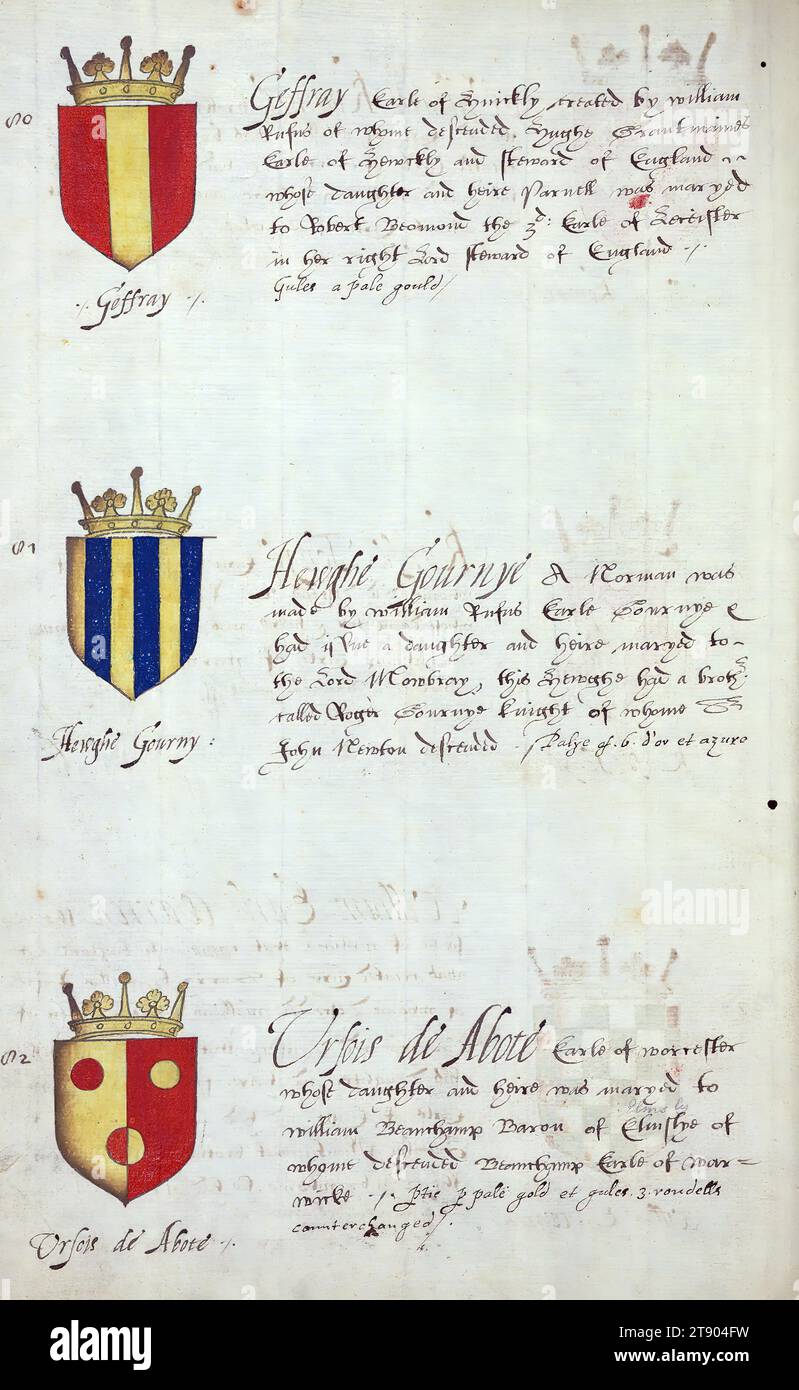 Book of English heraldry, Arms of Geffray, Heughe Gournye, and Urlois ...