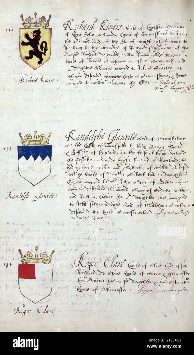 Book of English heraldry, Arms of Richard Rivers, Randolphe Glanvile ...