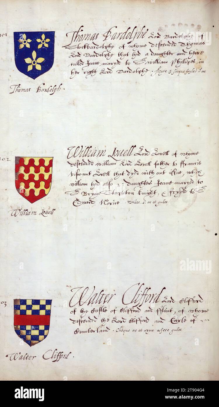 Book of English heraldry, Arms of Thomas Bardolph, William Lovell, and ...