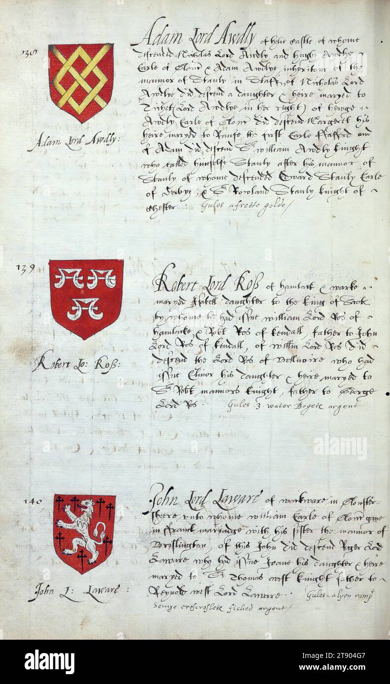 Book of English heraldry, Arms of Adam Lord Awdly, Robert Lord Ross ...