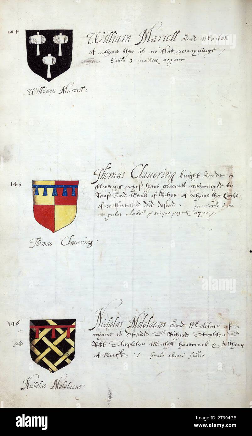 Book of English heraldry, Arms of William Martell, Thomas Clauring, and ...