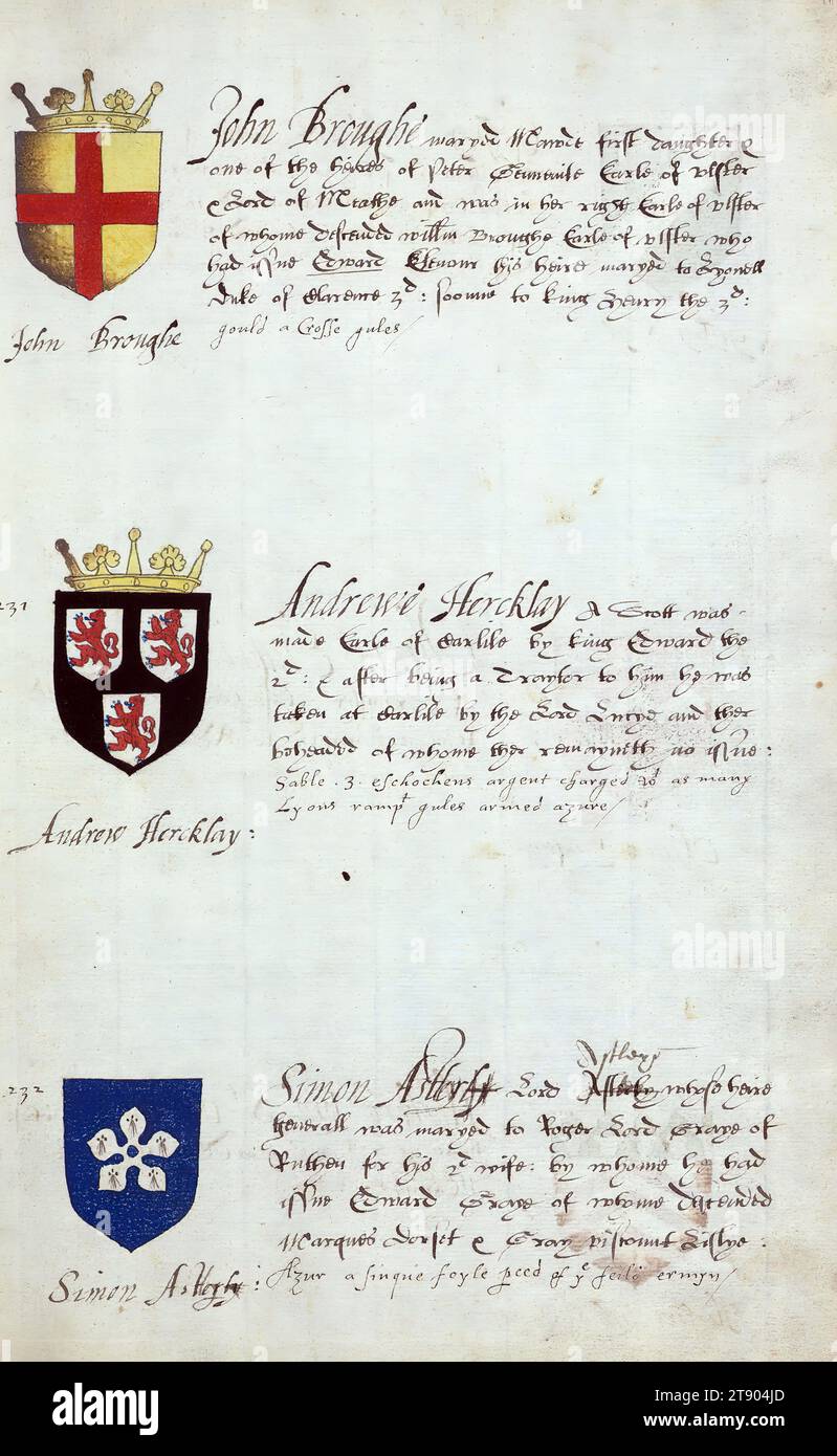 Book of English heraldry, Arms of John Broughe, Andrew Hercklay, and ...
