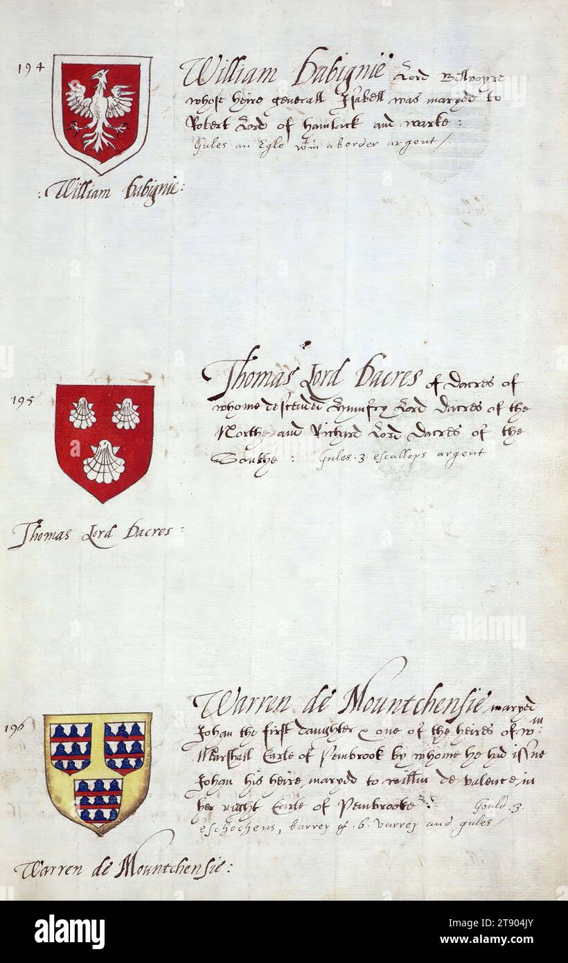 Book of English heraldry, Arms of William Dabignie, Thomas Lord Dacres ...