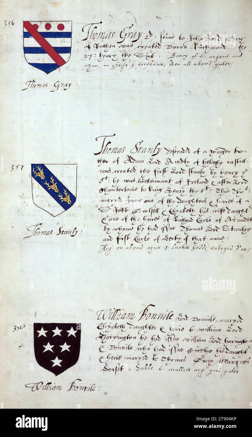 Book of English heraldry, Arms of Thomas Gray, Thomas Standly, and ...