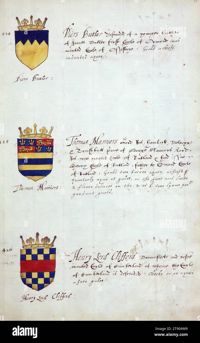Book of English heraldry, Arms of Piers Butler, Thomas Mamiors, Henry ...