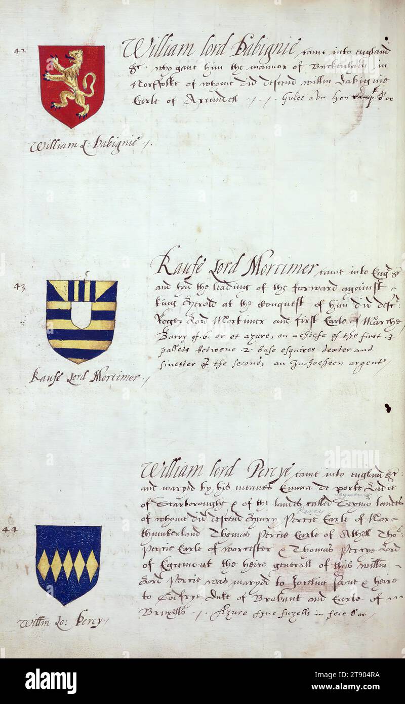 Book of English heraldry, Arms of William lord Dabignie, Ranufe lord ...