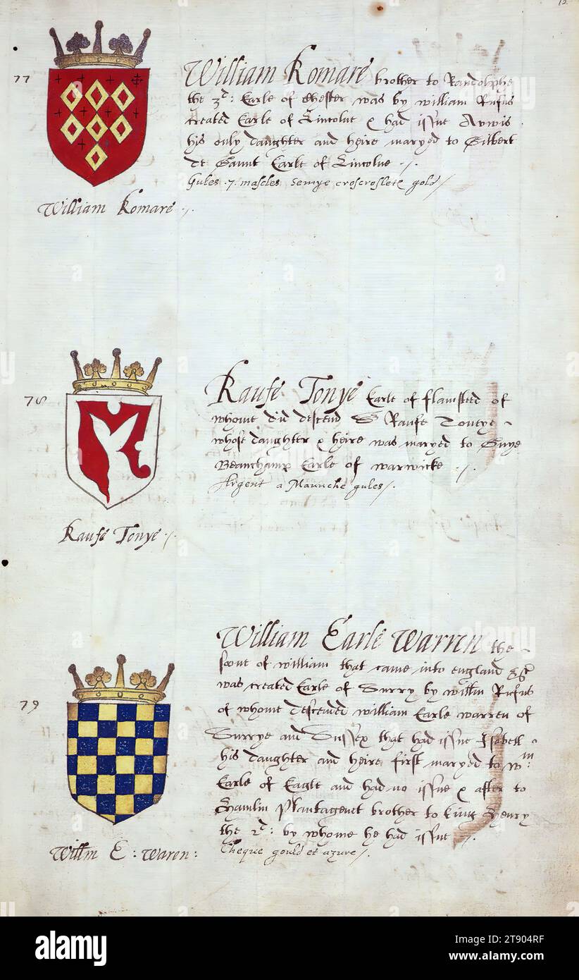 Book of English heraldry, Arms of William Romare, Raufe Tonye, and ...