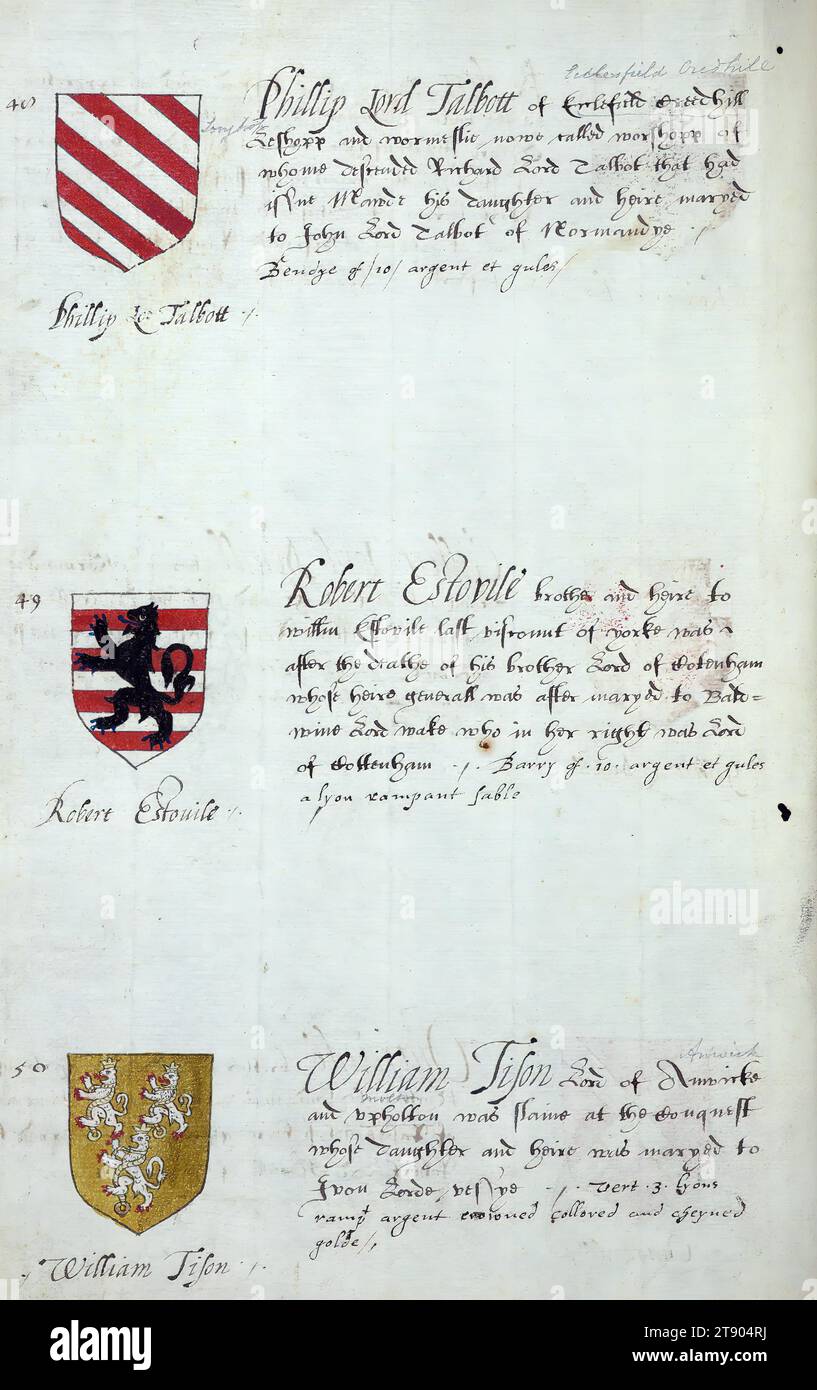 Book of English heraldry, Arms of Phillip Lord Talbott, Robert Estovile ...