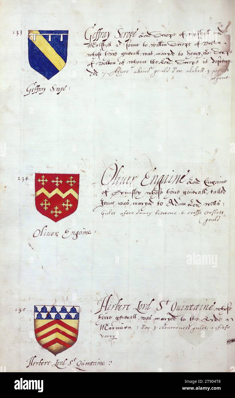 Book of English heraldry, Arms of Geffray Scrope, Oliver Engaine, and ...