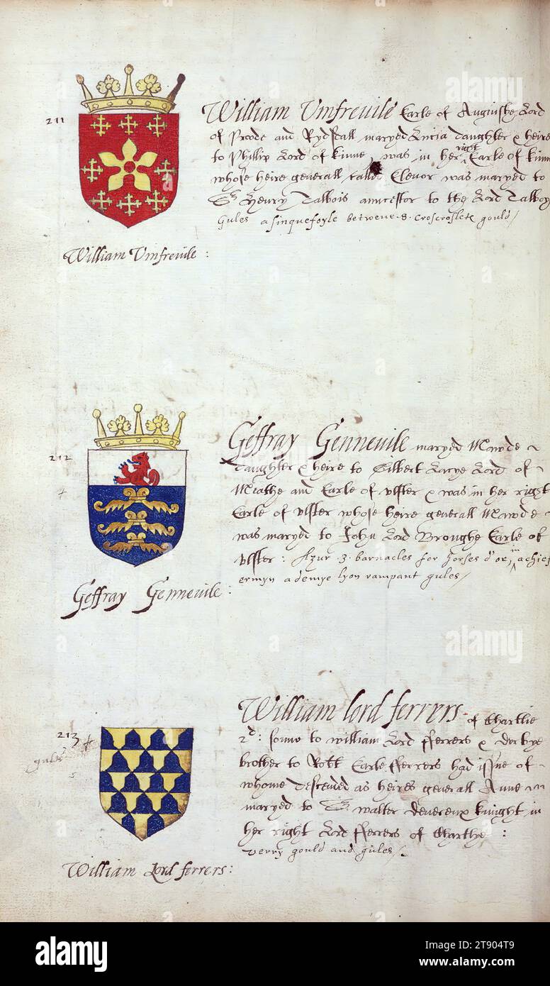 Book of English heraldry, Arms of William Vinfreuile, Geffray Gennevile ...