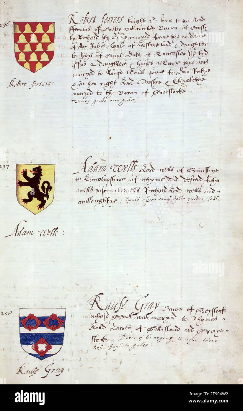 Book of English heraldry, Arms of Robert ferrers, Adam Wells, and Raufe ...