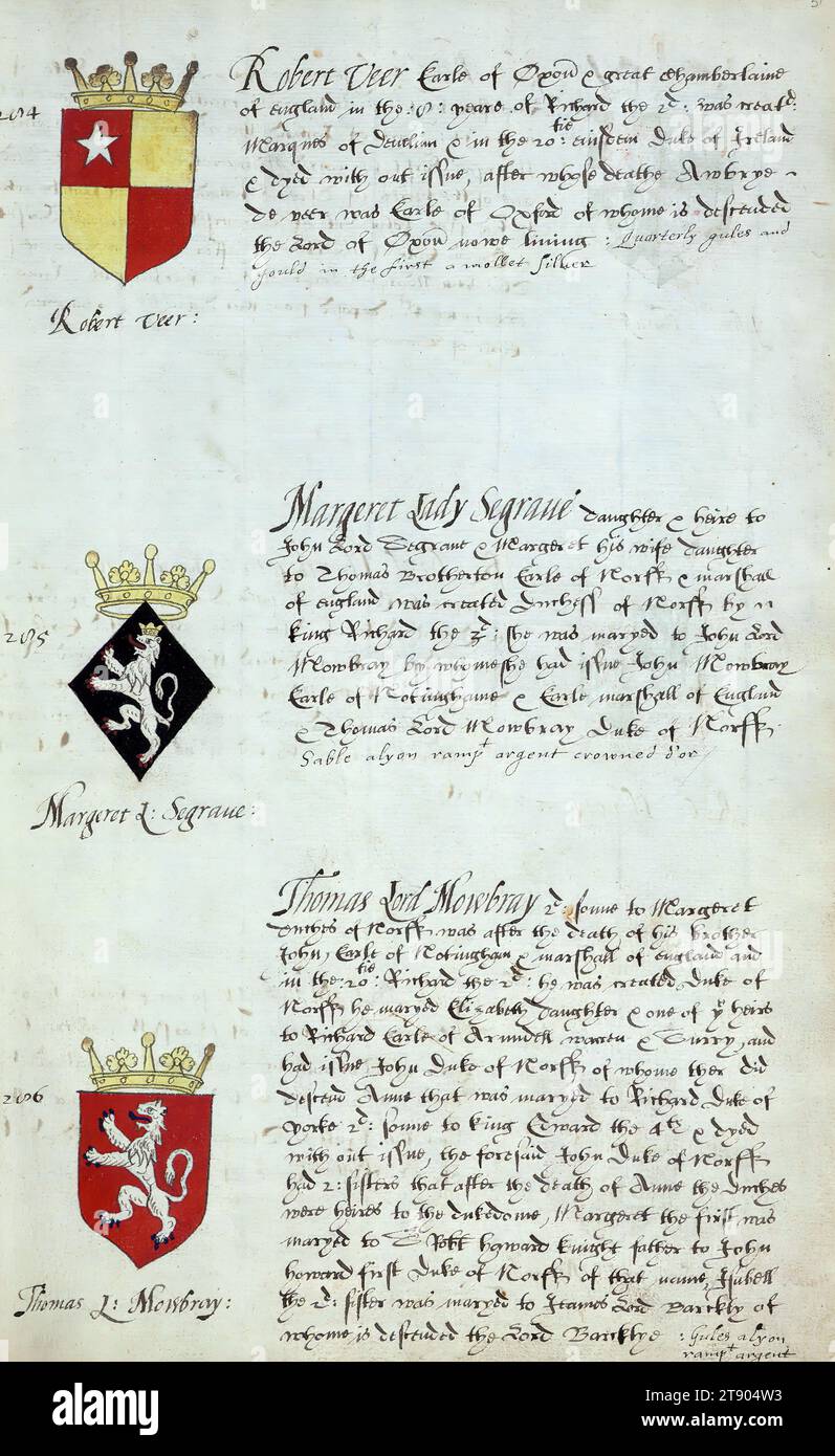 Book of English heraldry, Arms of Richard Veer, Margaret Lady Segrave ...