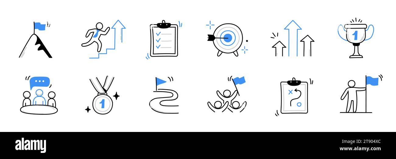 Business challenge person, work opportunity doodle icon set. Hand drawn ...