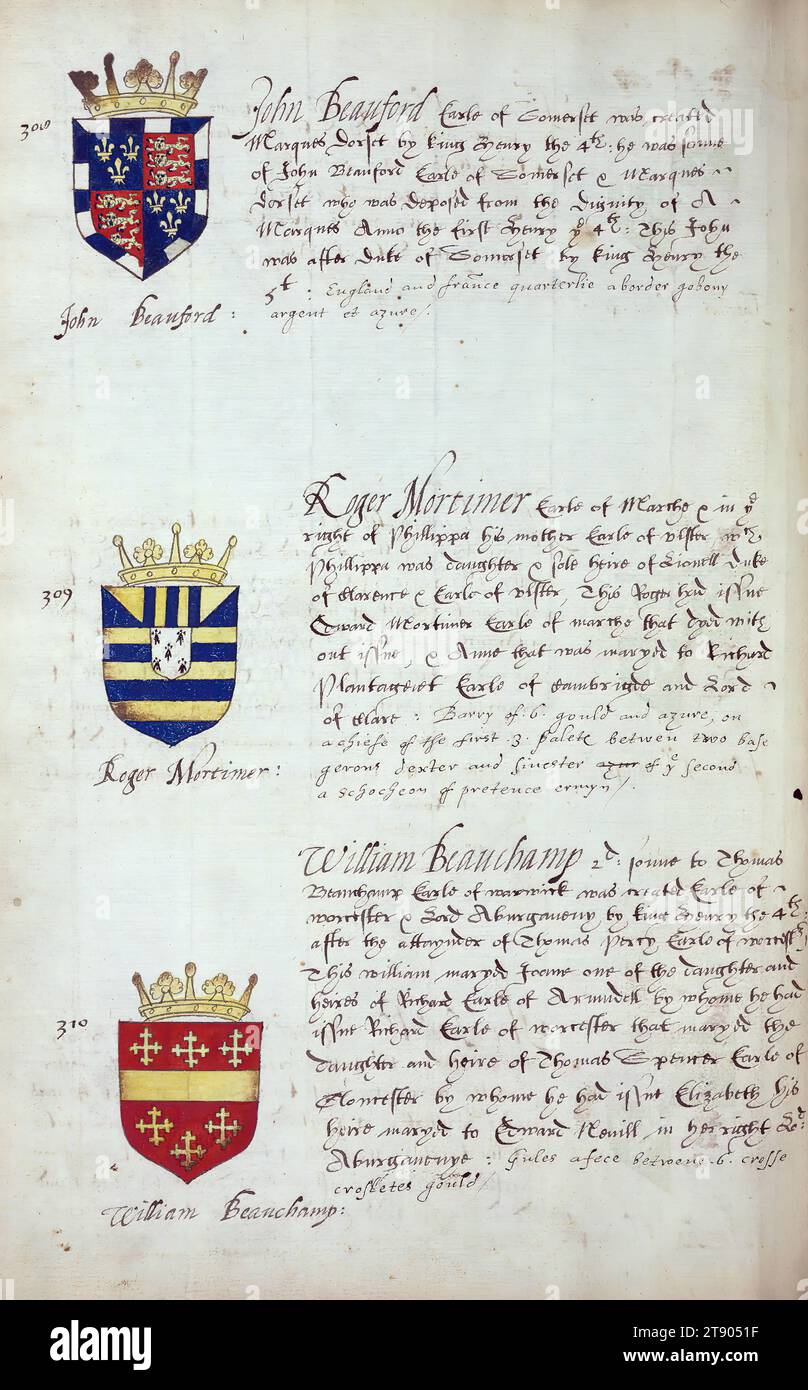 Book of English heraldry, Arms of John Beauford, Roger Mortimer, and ...