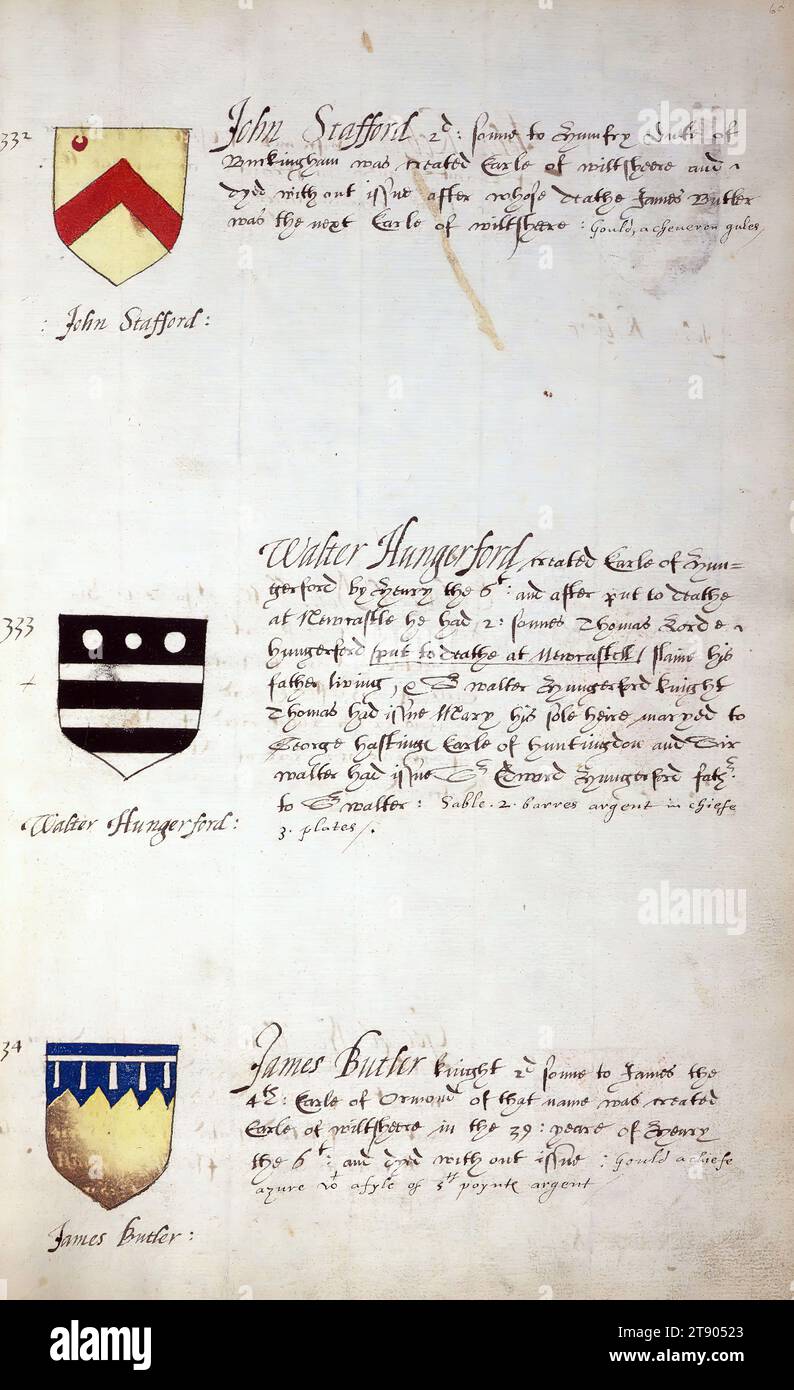 Book of English heraldry, Arms of John Stafford, Walter Hungerford, and ...