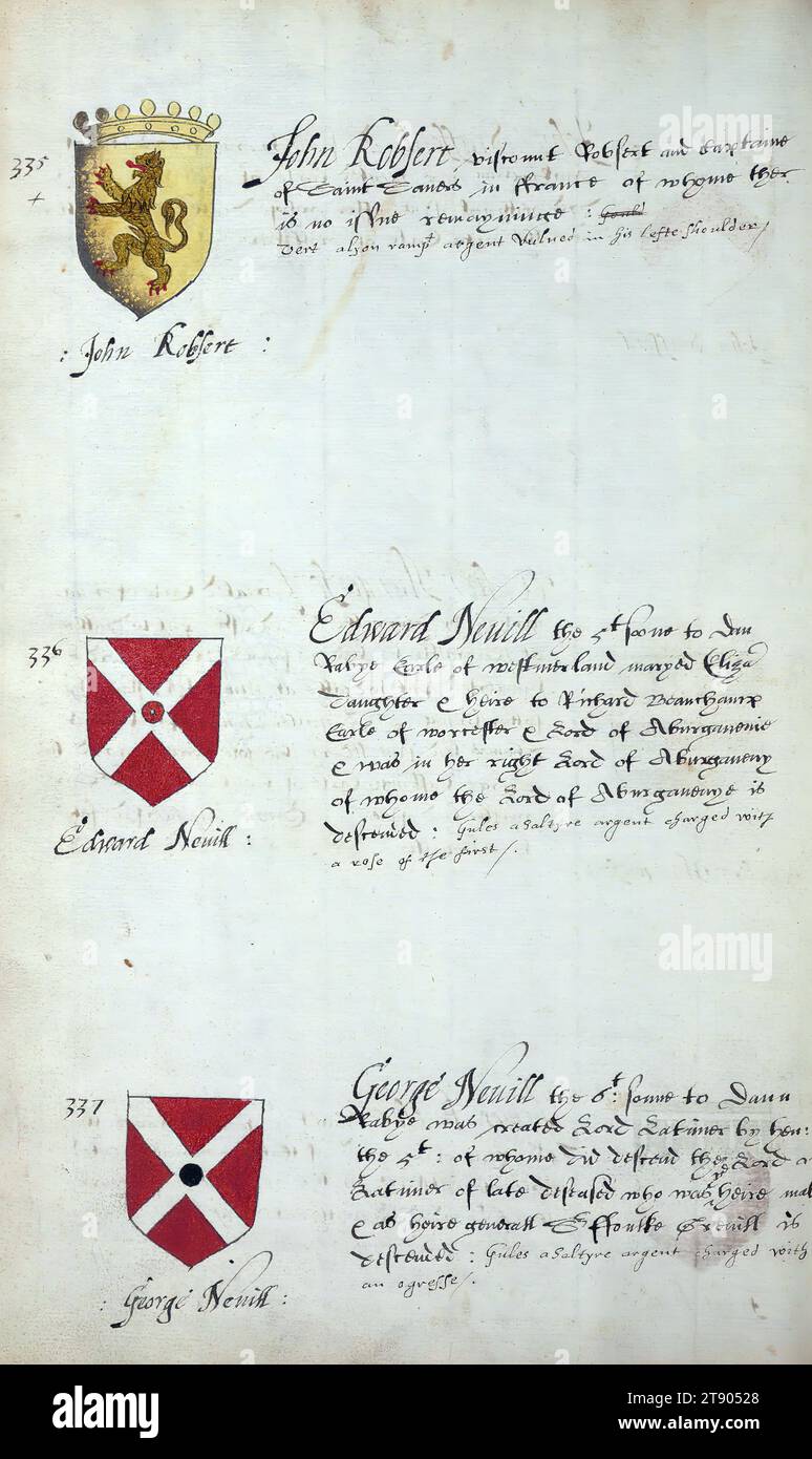 Book of English heraldry, Arms of John (Robbert), Edward Nevill, and ...