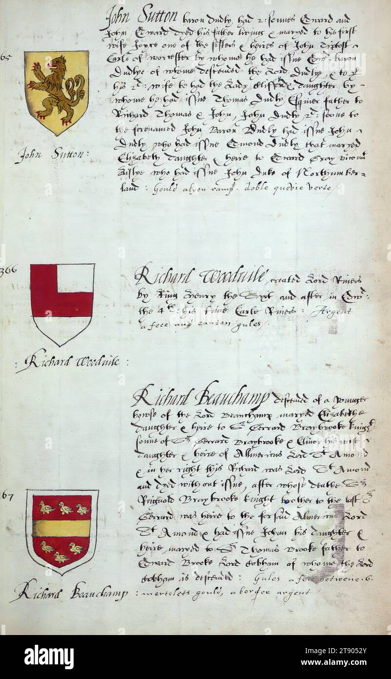 Book of English heraldry, Arms of John Sutton, Richard Woodvile, and ...