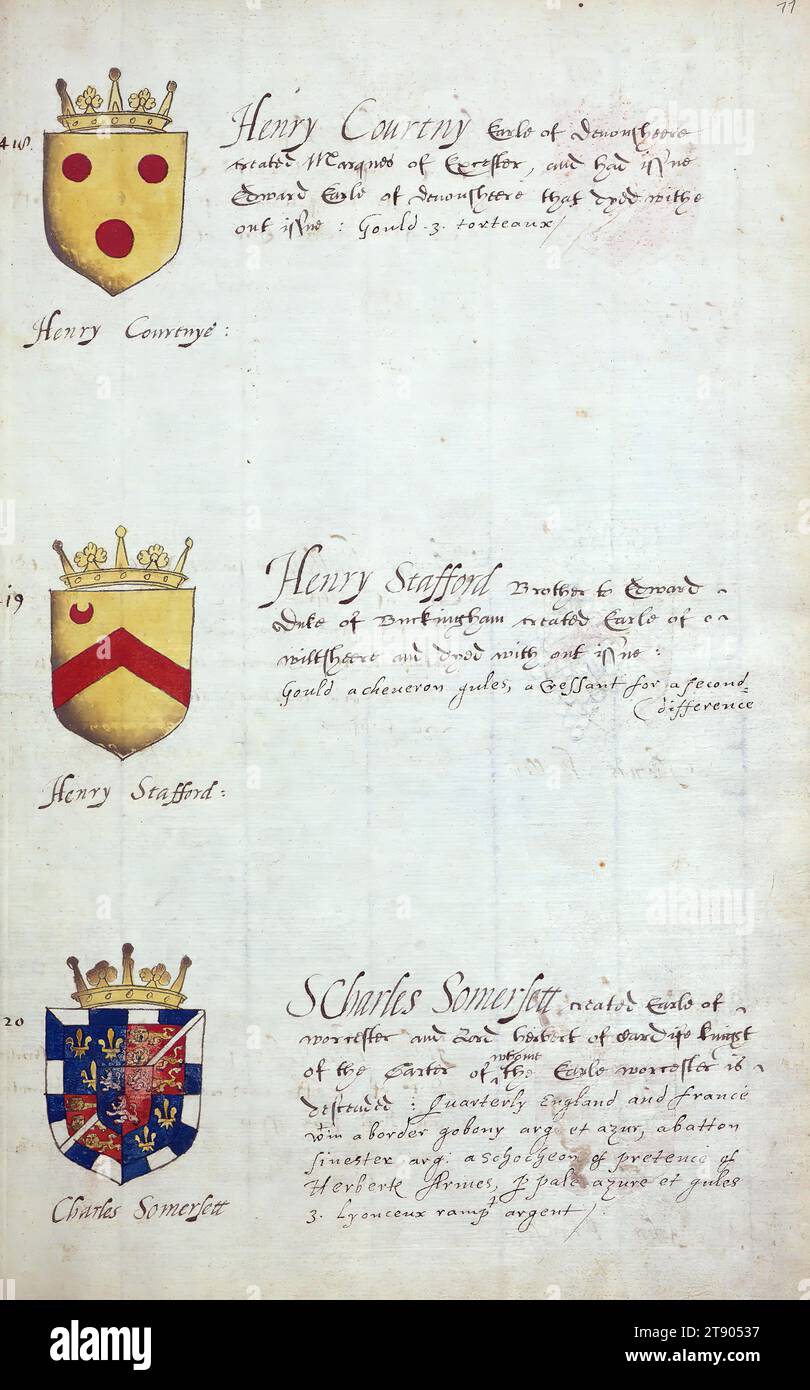 Book of English heraldry, Arms of Henry Courtnye, Henry Stafford, and ...
