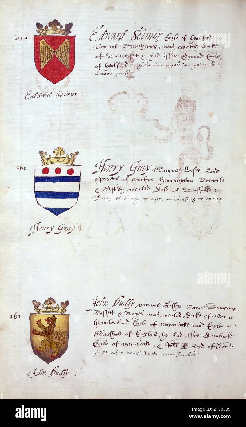 Book of English heraldry, Arms of Edward Seimor, Henry Gray, and John ...