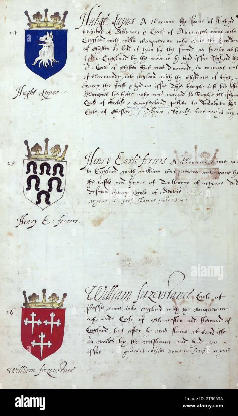 Book of English heraldry, Arms of Hughe Lupus, Henry Earle ferrers, and ...