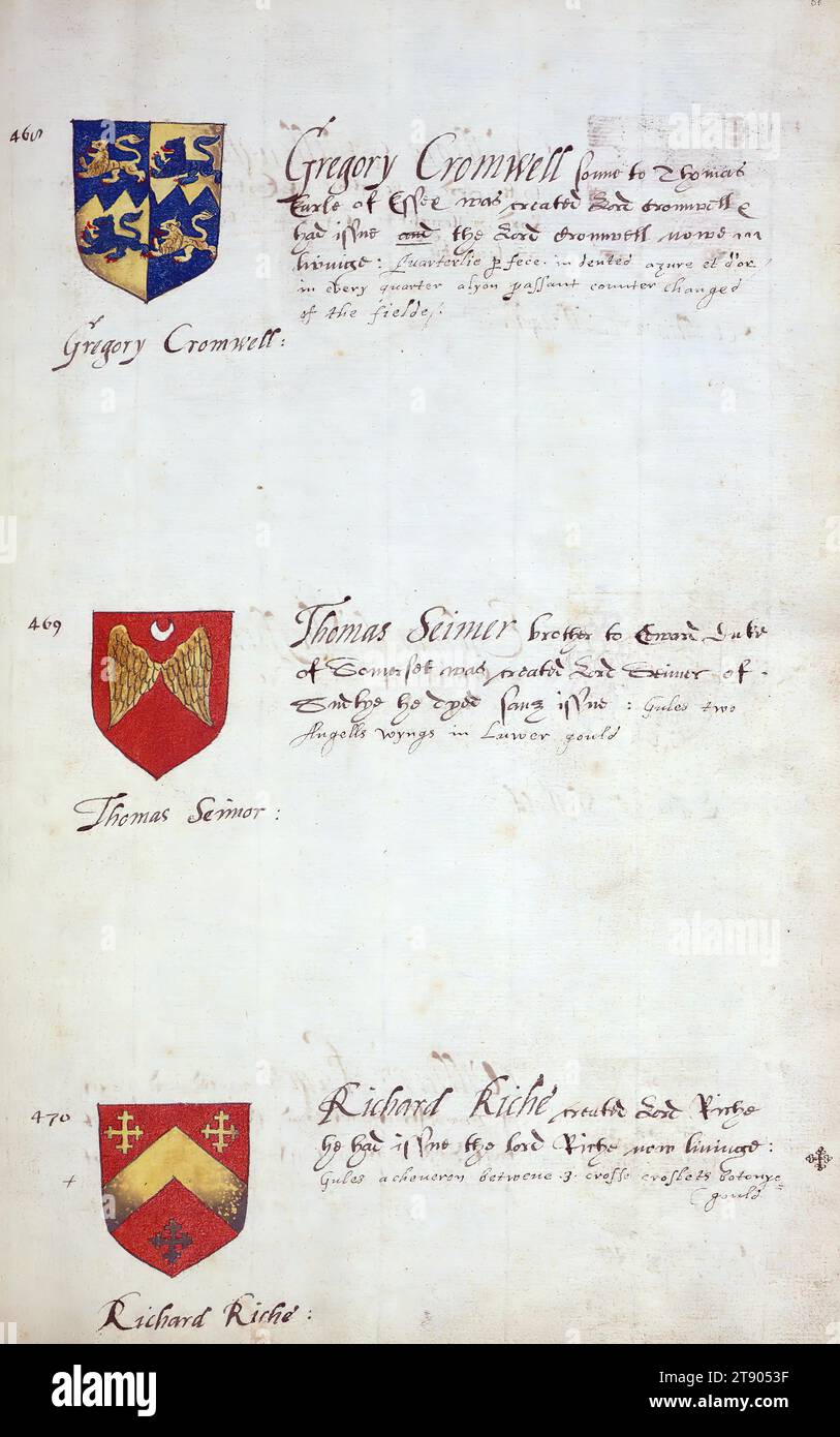 Book of English heraldry, Arms of Gregory Cromwell, Thomas Seimor, and ...