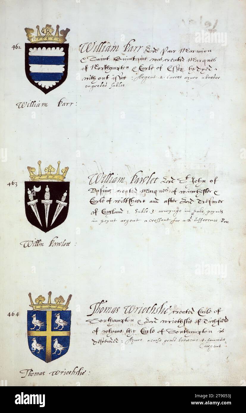 Book of English heraldry, Arms of William Parr, William Pawlet, and ...