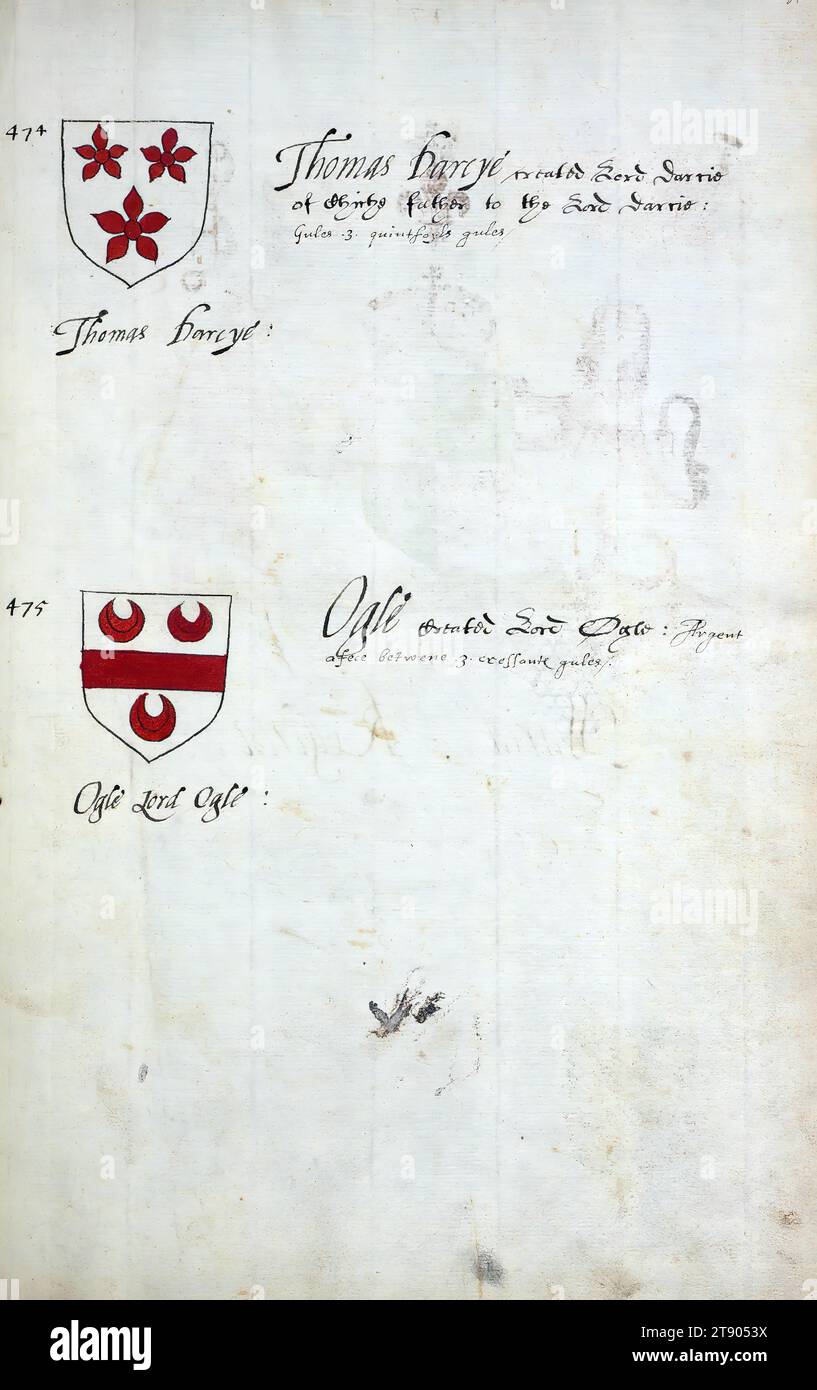 Book of English heraldry, Arms of Thomas Darcye and Ogle Lord Ogle ...