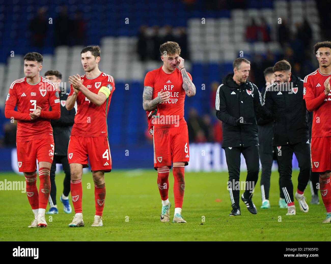 Wales' Joe Rodon sheds a tear following the UEFA Euro 2024 Qualifying Group D match at the ...