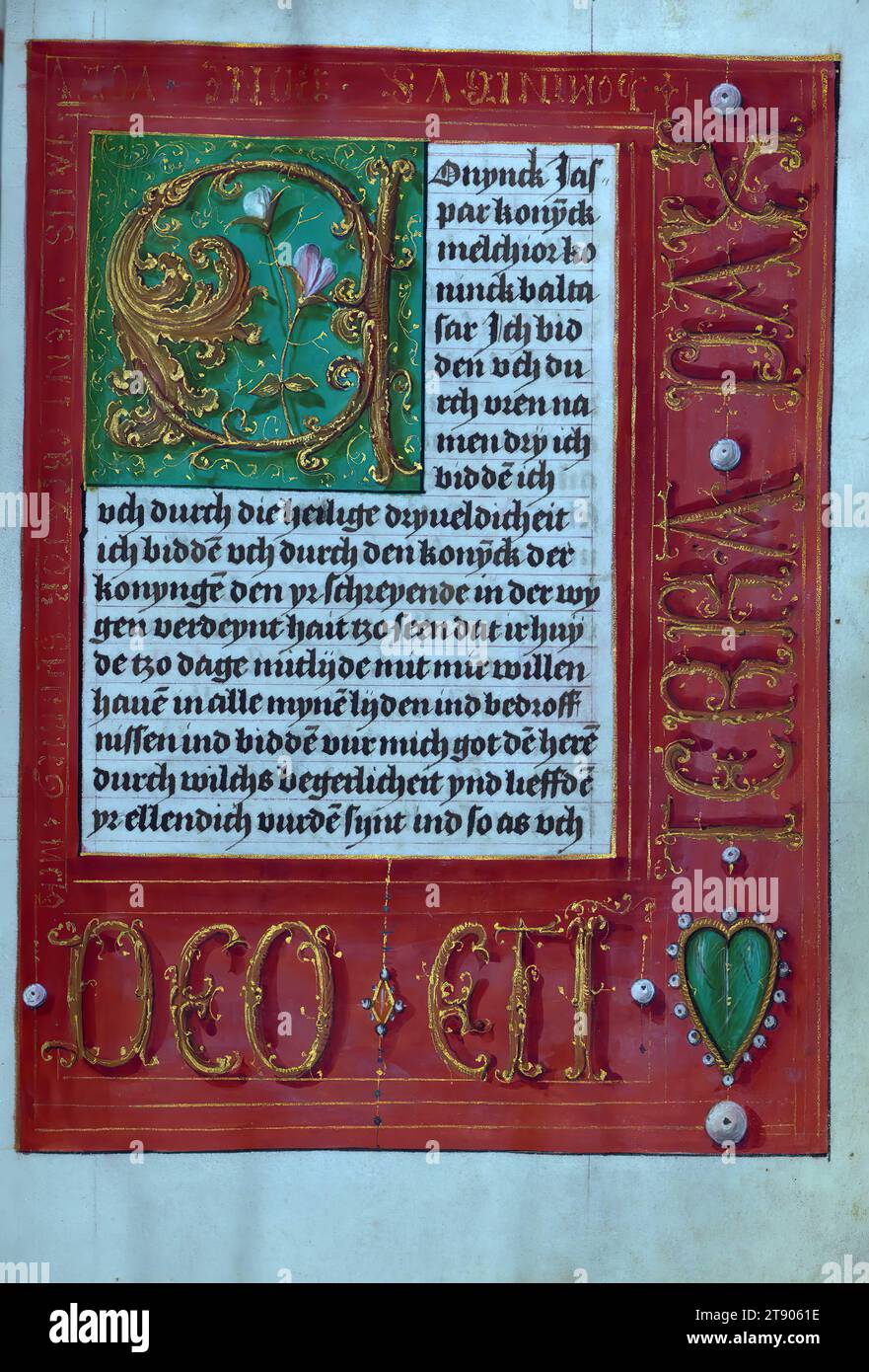 Aussem Hours, Foliate initial A with illusionistic text and jewels in ...