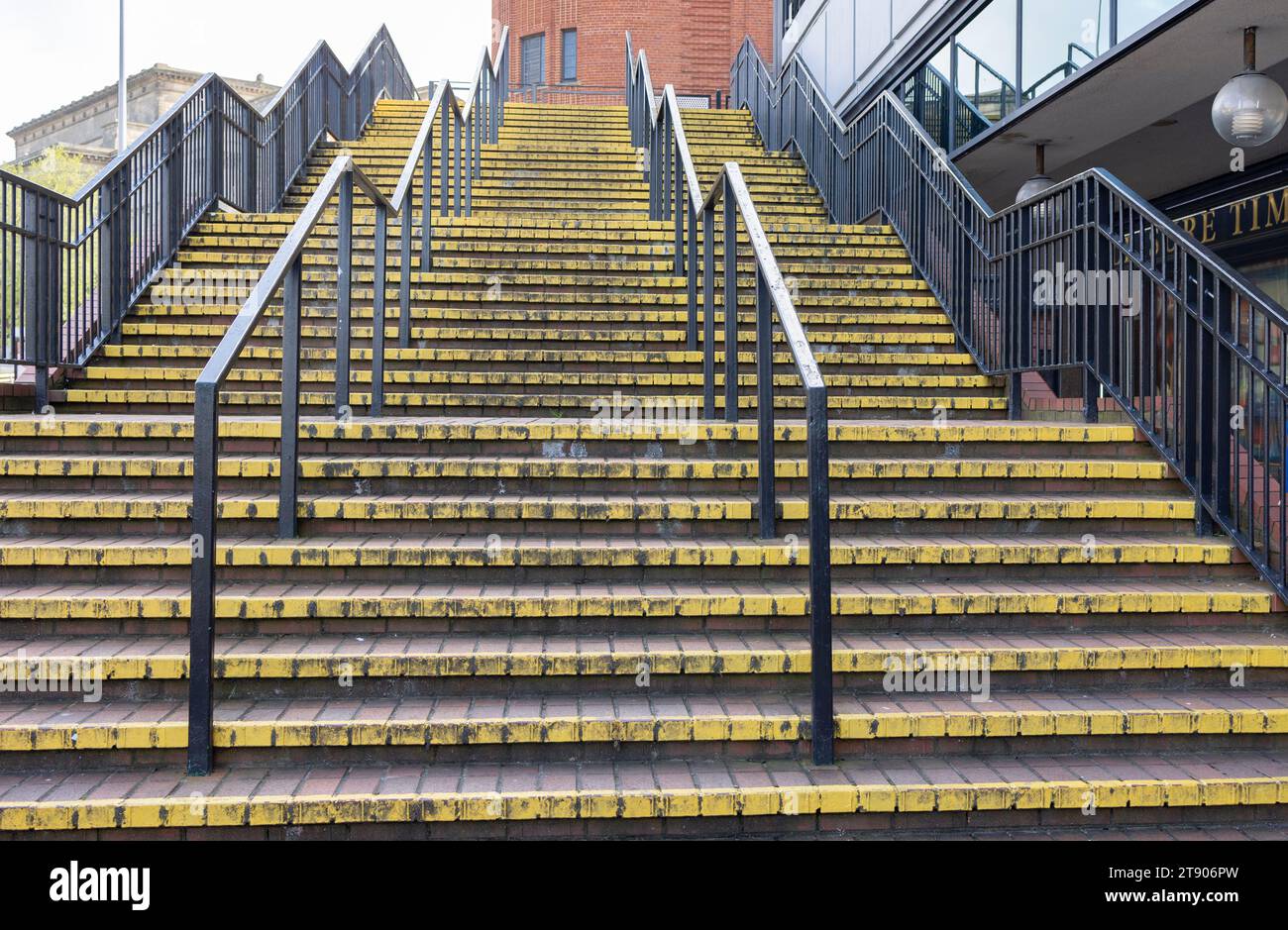 Liverpool, united kingdom May, 16, 2023 Concrete grey and yellow steps. Urban dirty grubby ...