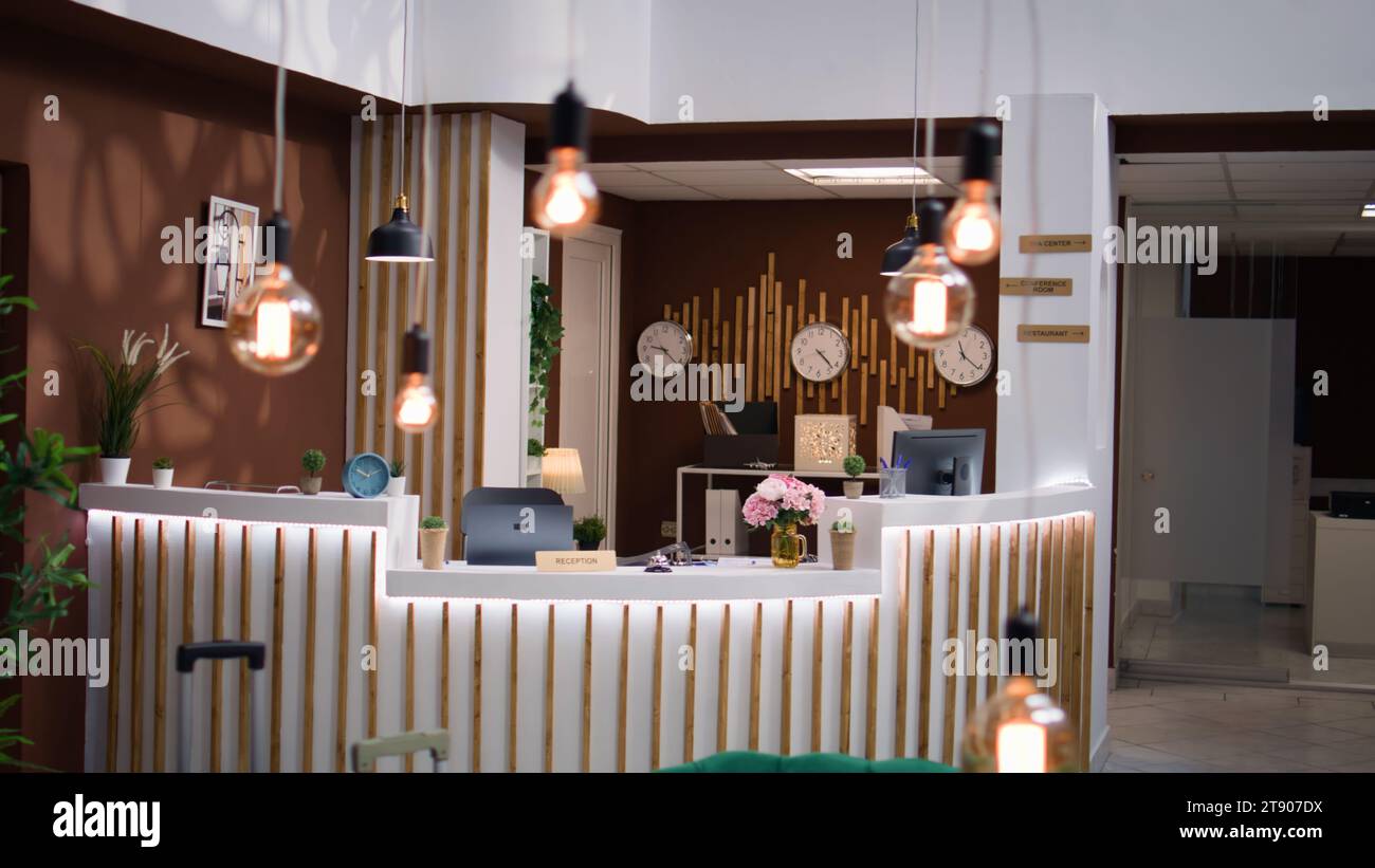 Empty hotel reception and lounge with luxurious couch and modern posh ...