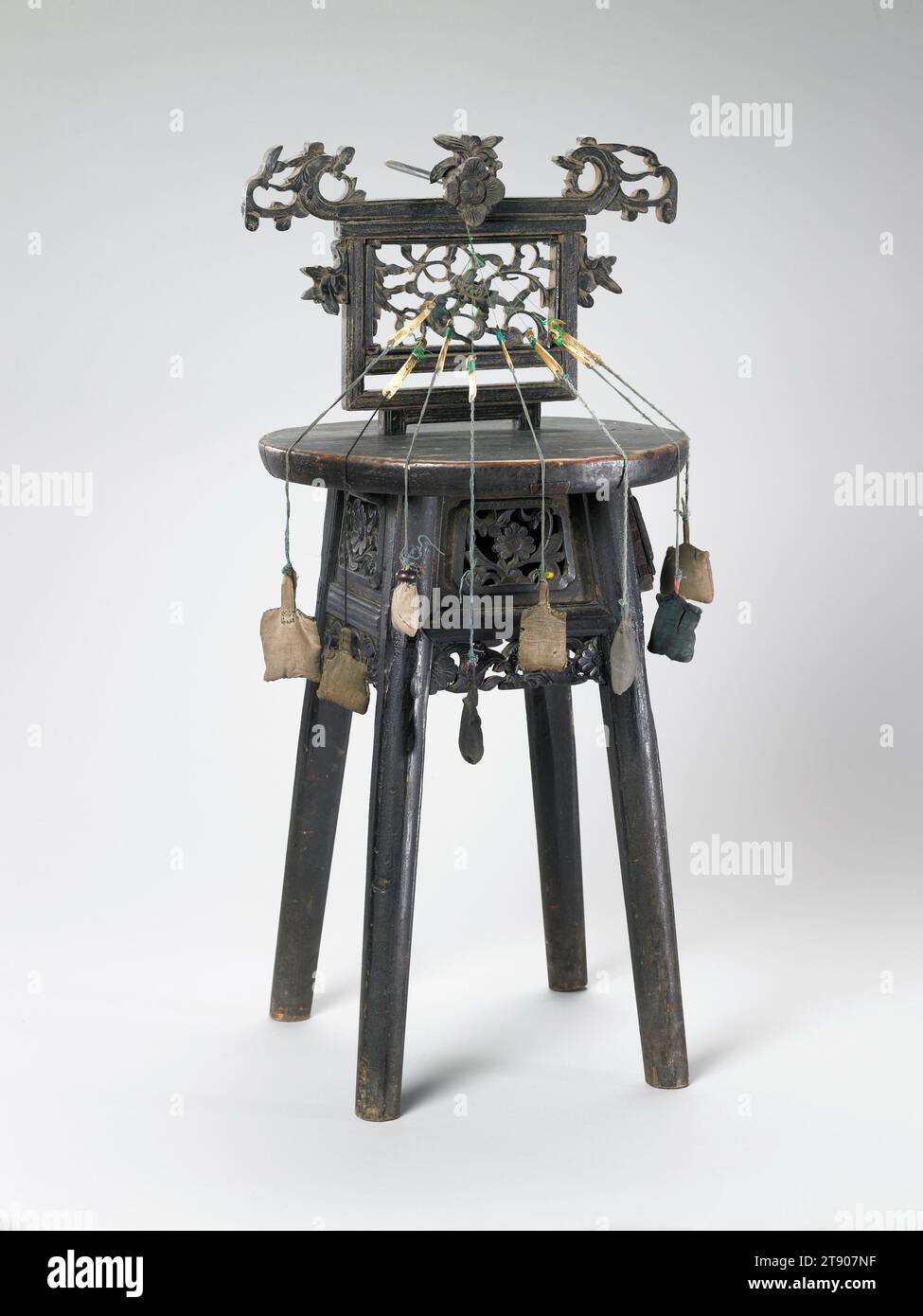 Weaving stool with spindle and weights, 32 x 15 x 14 13/16 in. (81.28 x ...