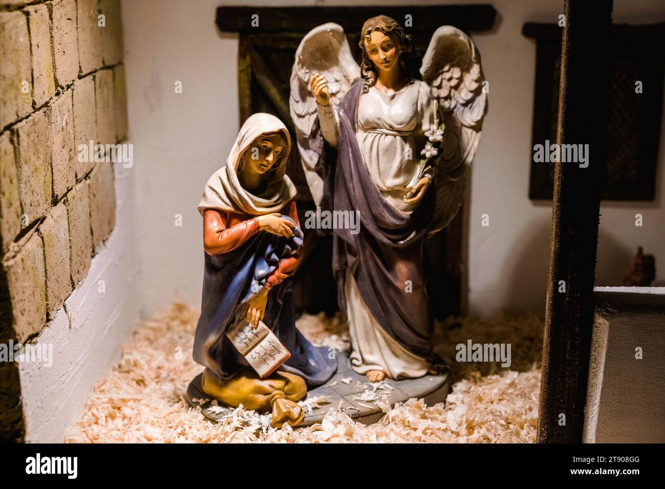 Figures of a classic nativity scene decorated with beautiful artistic ...