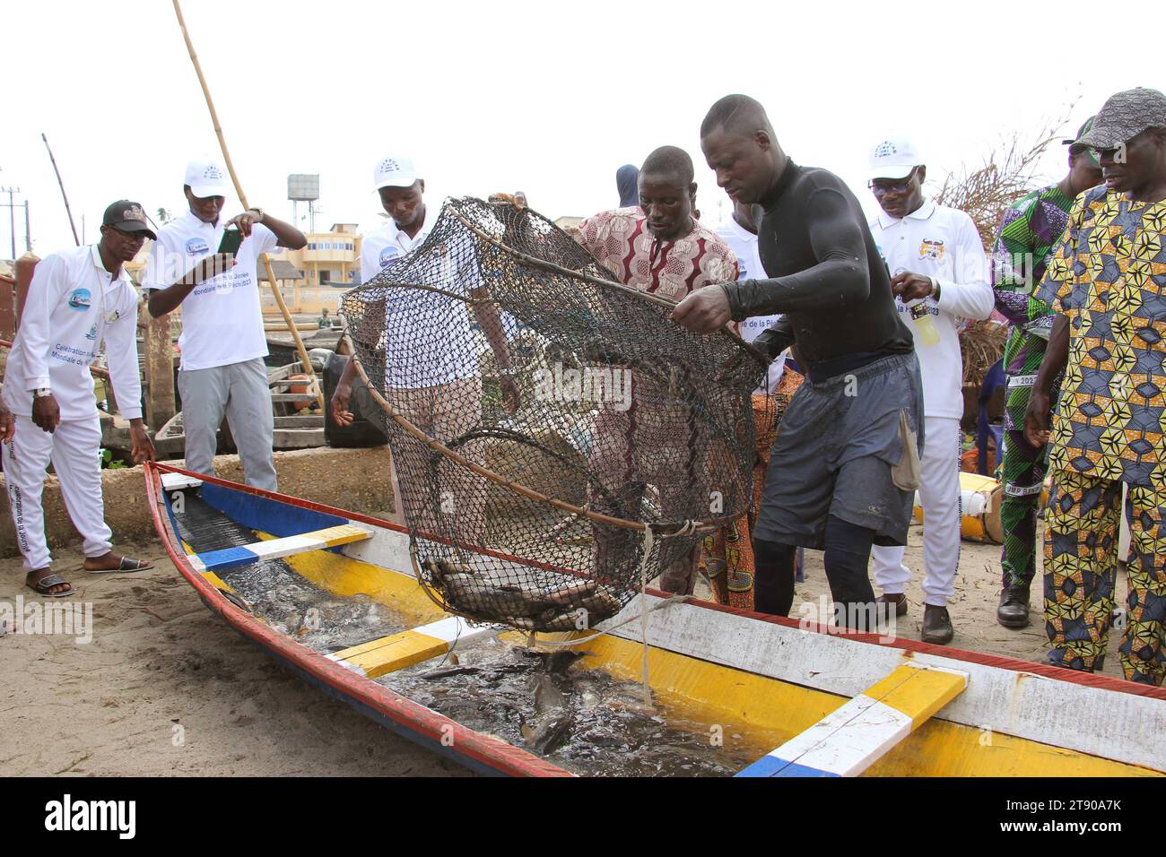 So Ava, Benin. 21st Nov, 2023. Fishermen dump fish into a canoe on the ...